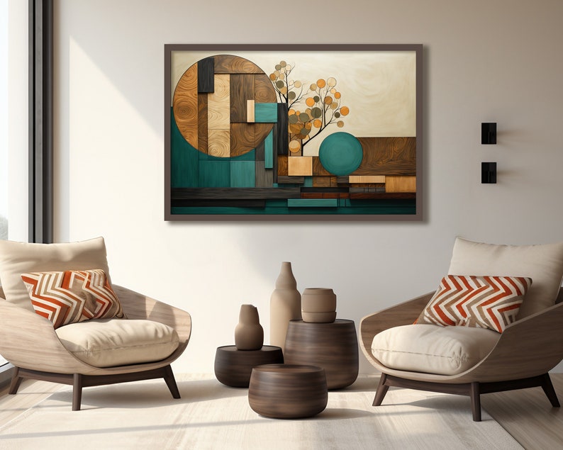 Teal, Brown & Beige Wood Shapes Wall Art, Earth Tones, Neutral Colors ...