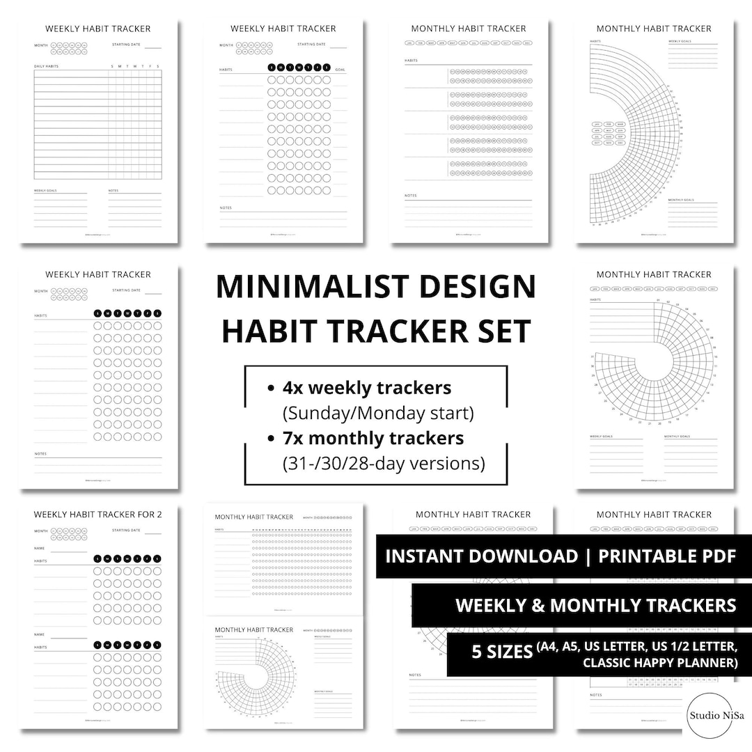 Printable Minimalist Habit Tracker Set in 5 Sizes Monthly & Weekly ...