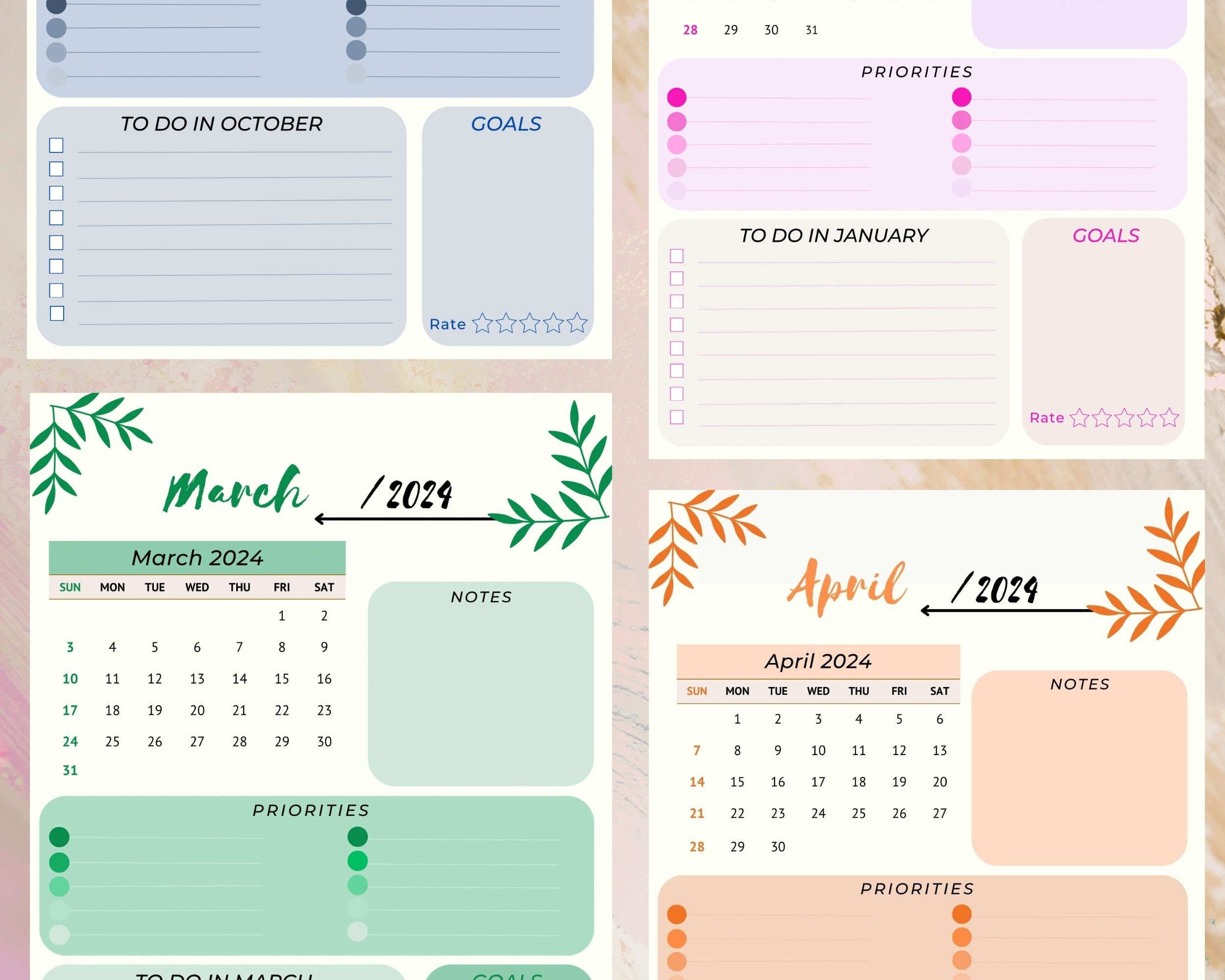 A4 Printable Calendar 2024, 2024 Monthly Planner, Printable PDF Digital ...