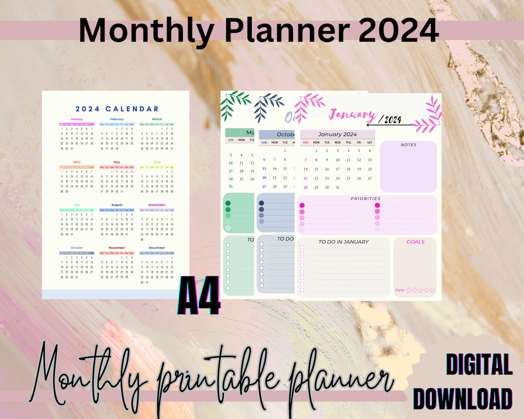 A4 Printable Calendar 2024, 2024 Monthly Planner, Printable PDF Digital ...