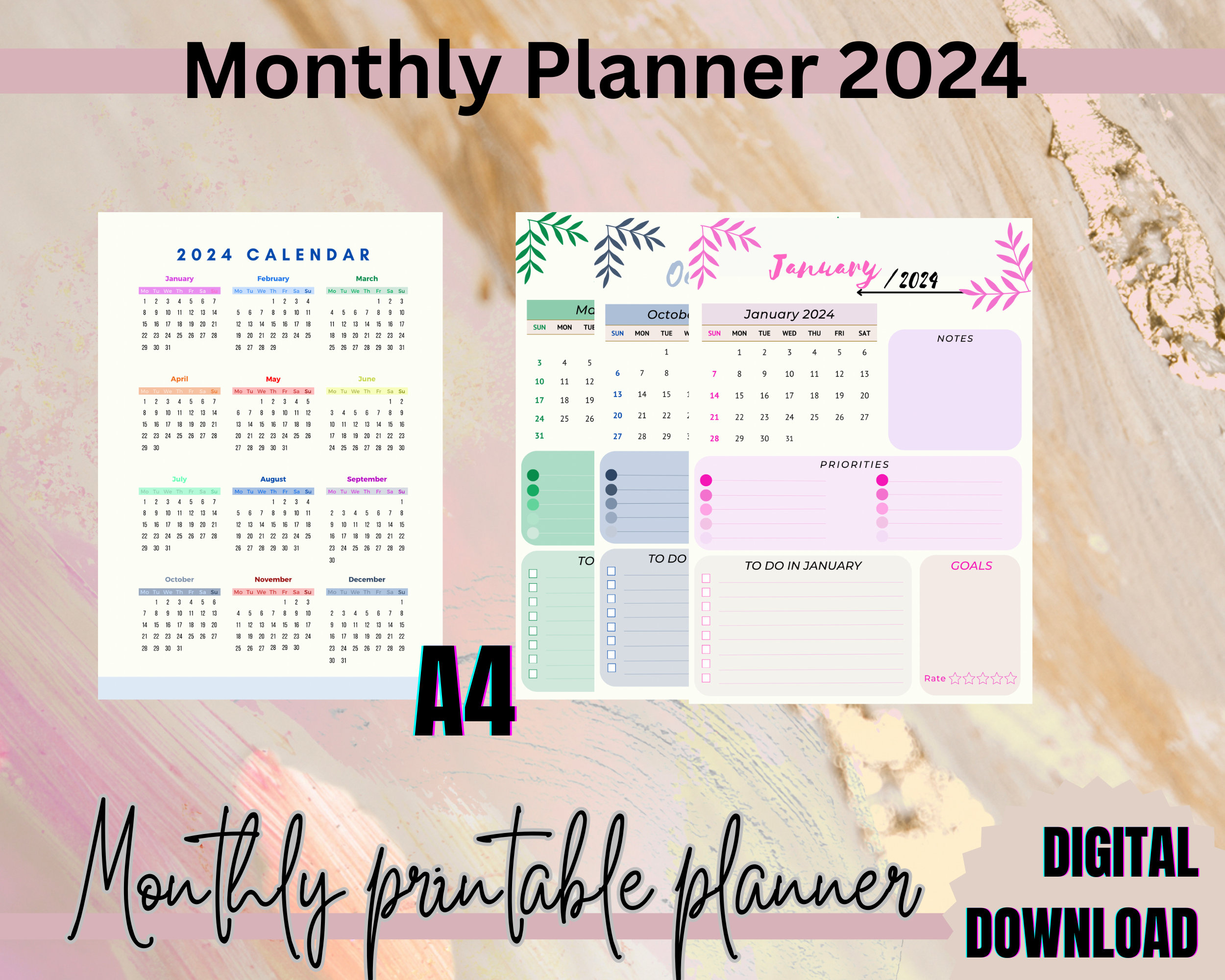 A4 Printable Calendar 2024, 2024 Monthly Planner, Printable PDF Digital ...