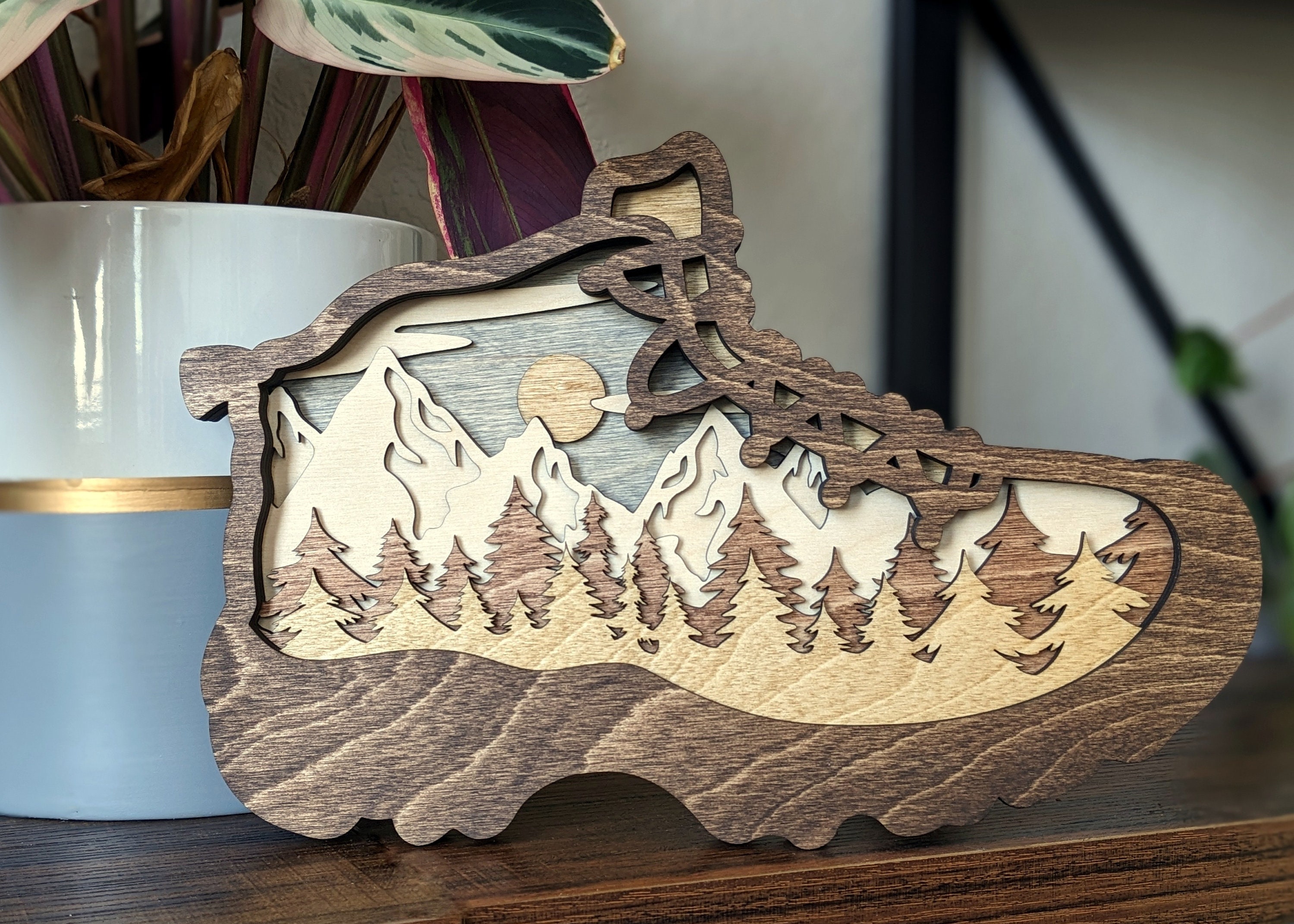 Handcrafted Neutral Wooden Hiking Boot Art - Perfect Gift for Outdoor ...