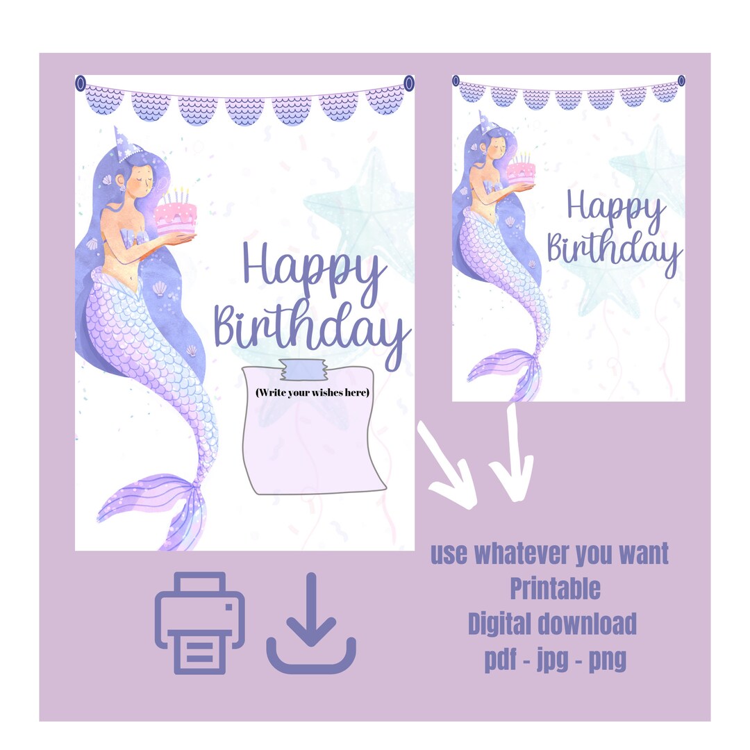 Mermaid Birthday Card, Mermaid Birthday Greeting Card, Mermaid ...