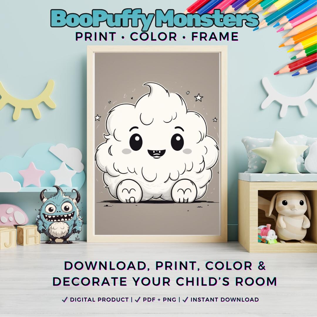 Kids Coloring Poster Printable – Adorable Monster Art to Print & Frame ...