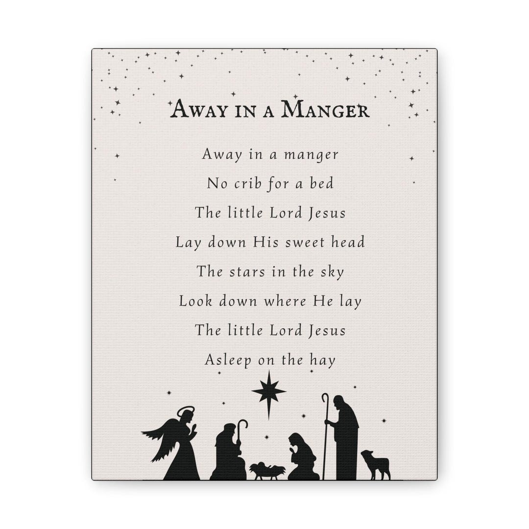 Canvas Stretched, Christmas Song Lyrics Nativity Scene Print, Away in a ...