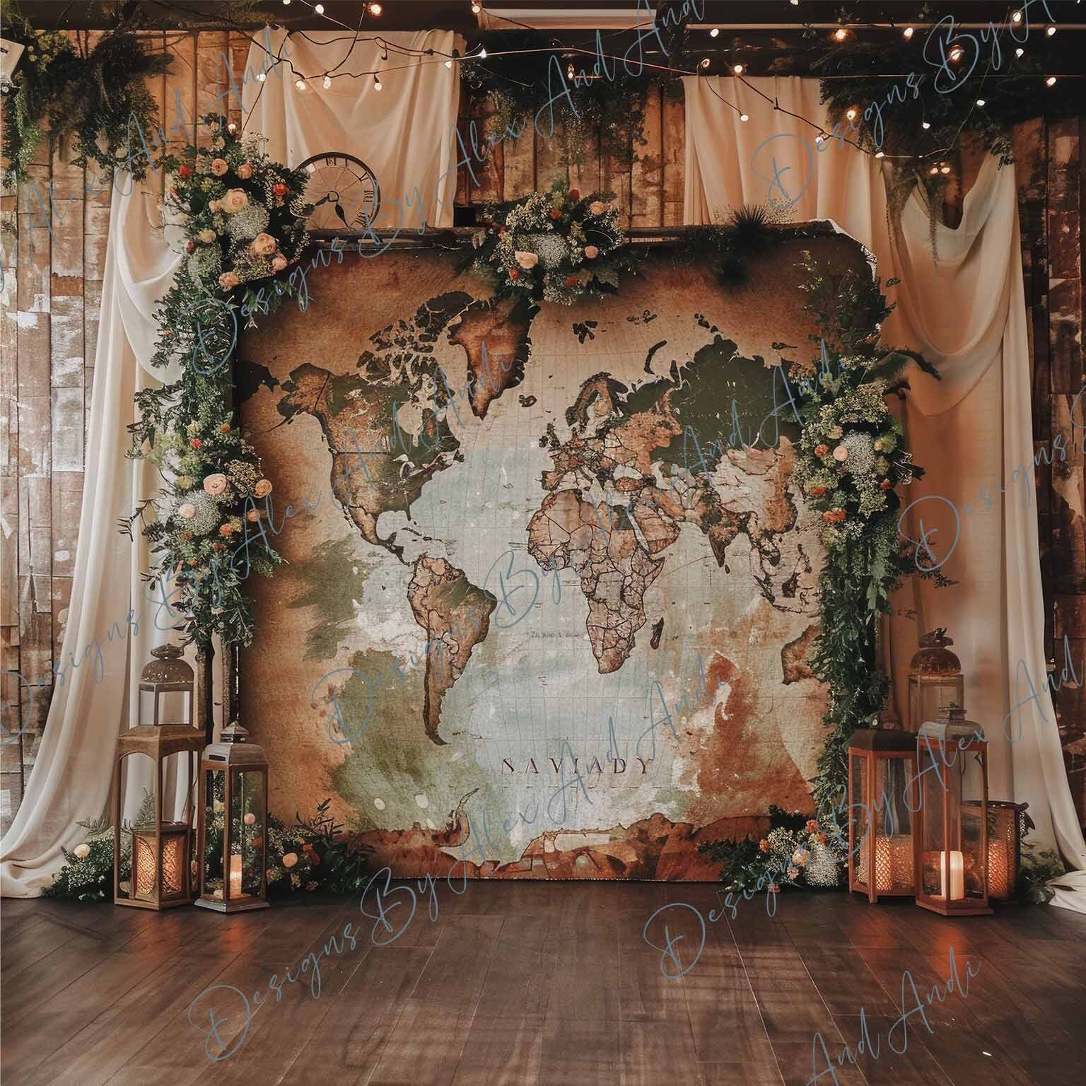 World Map Floral Digital Background Backdrop Wedding Overlay Sweet 16 ...