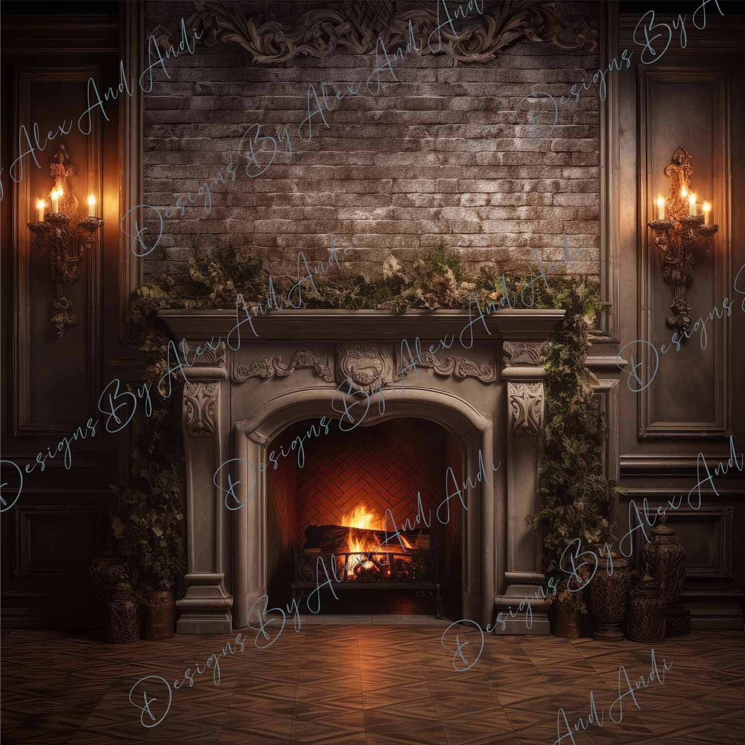 Fireplace Digital Backdrop Overlay Background Holiday Wedding Event ...