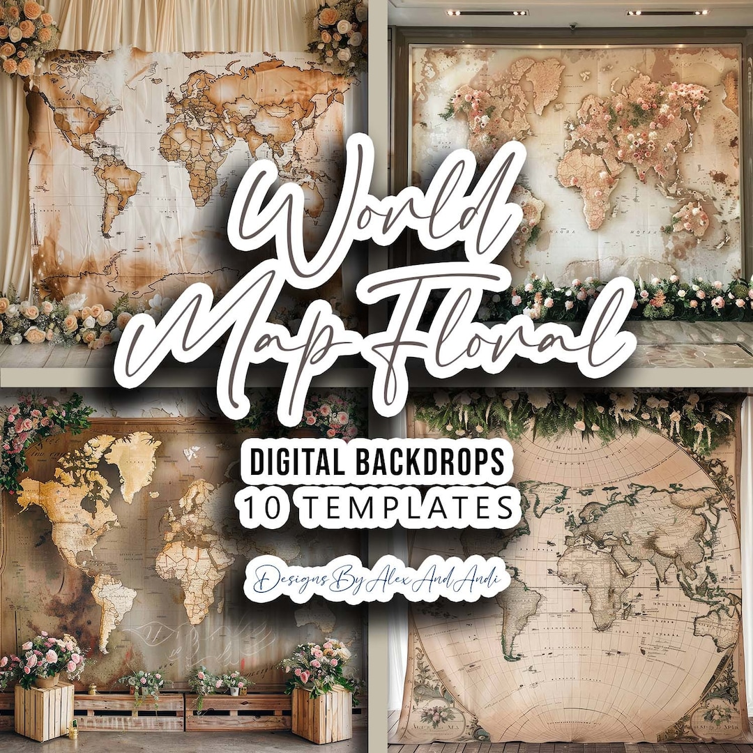 World Map Floral Digital Background Backdrop Wedding Overlay Sweet 16 ...