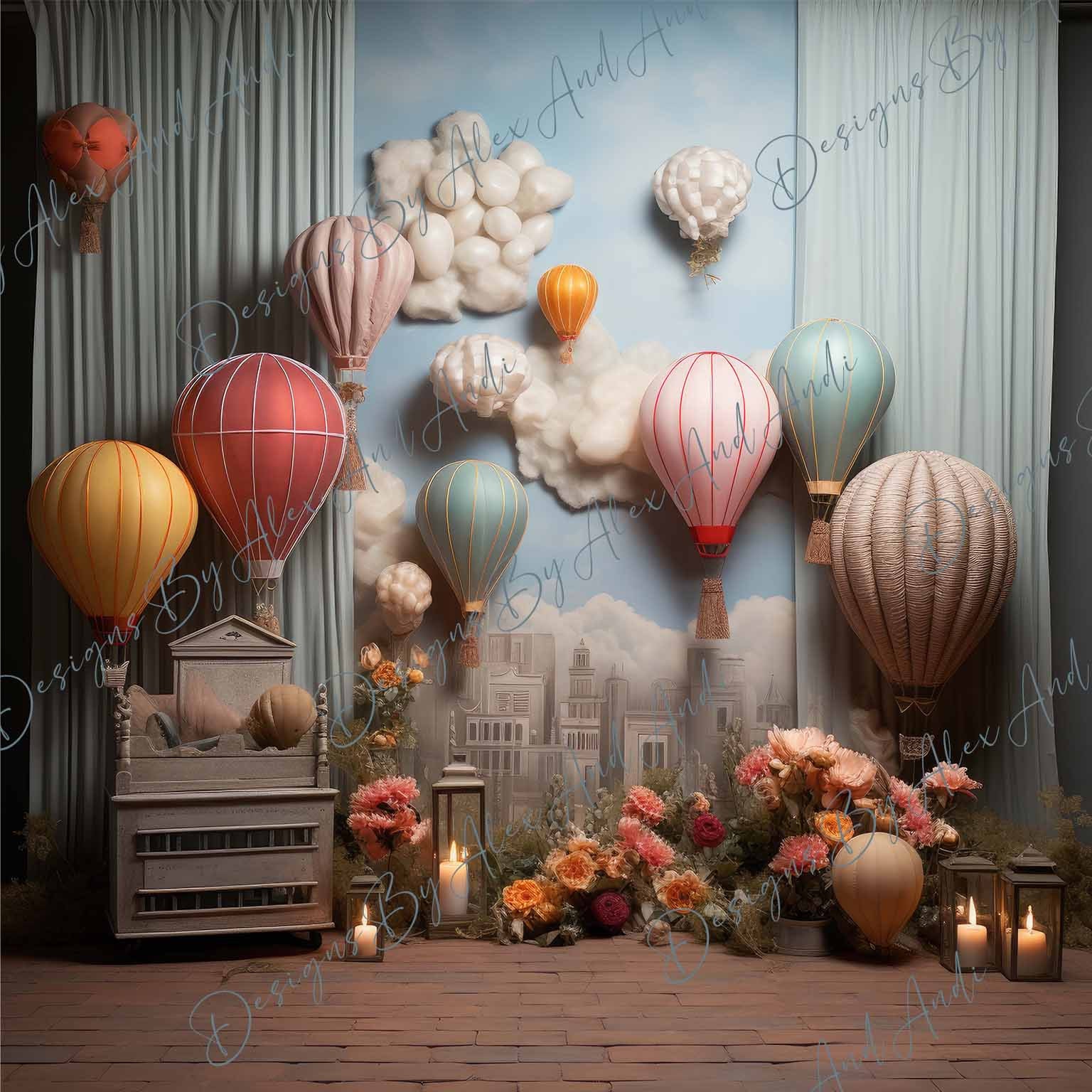 Air Balloon Prop Digital Backdrop Overlay Background Birthday Home ...