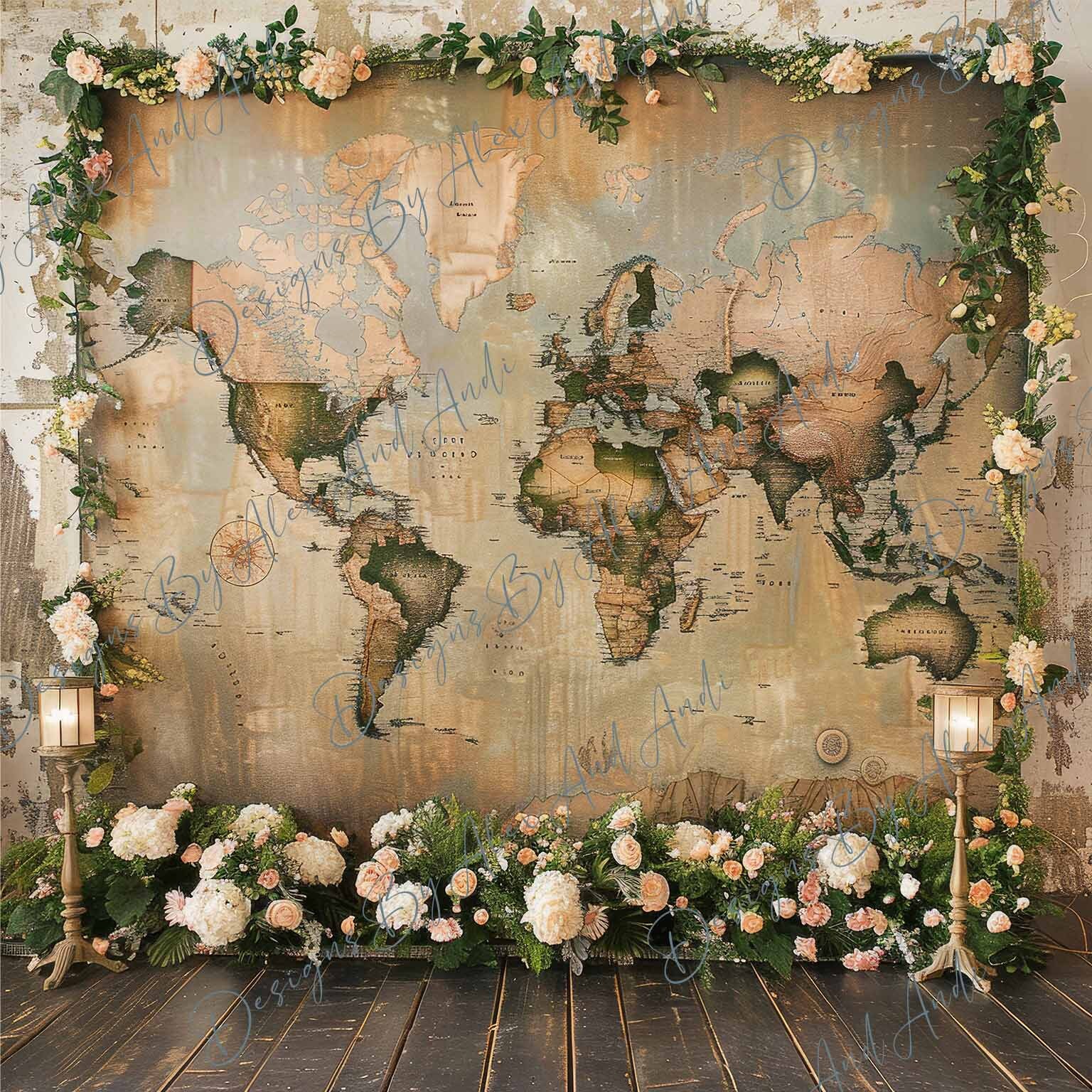 World Map Floral Digital Background Backdrop Wedding Overlay Sweet 16 ...