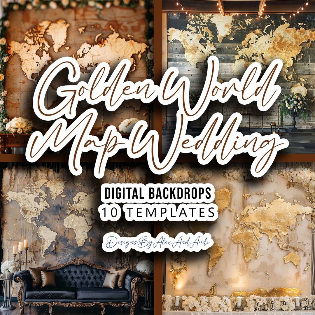 Golden World Map Wedding Digital Overlay Backdrop Background Birthday ...