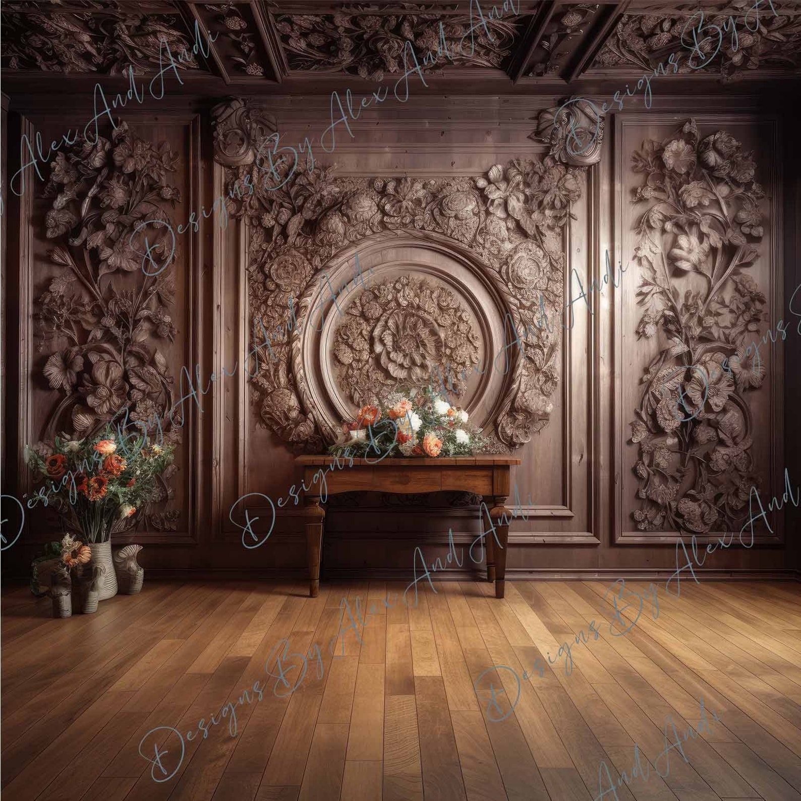 Carved Wooden Floral Room Backdrop Background Wedding Digital Photo ...