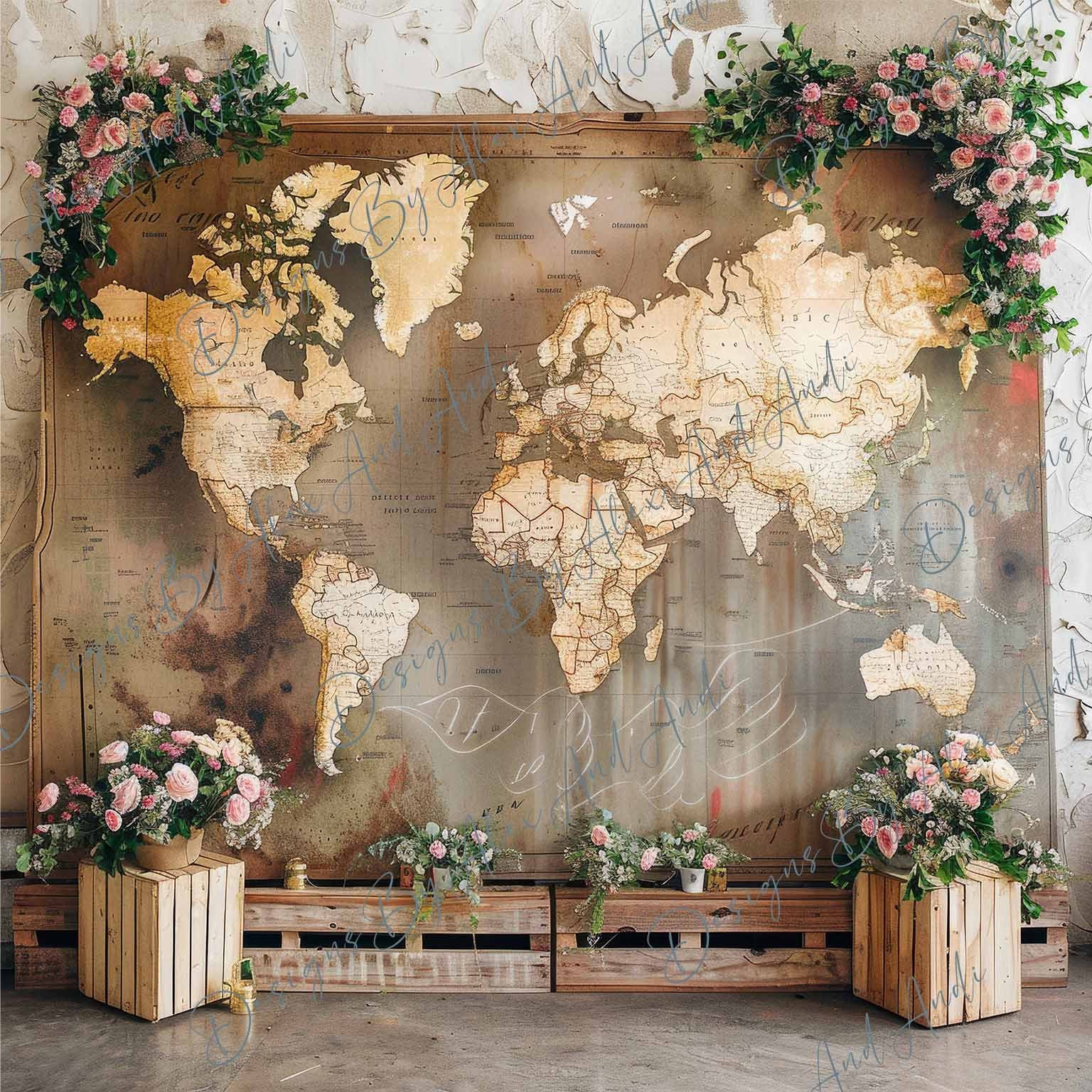 World Map Floral Digital Background Backdrop Wedding Overlay Sweet 16 ...