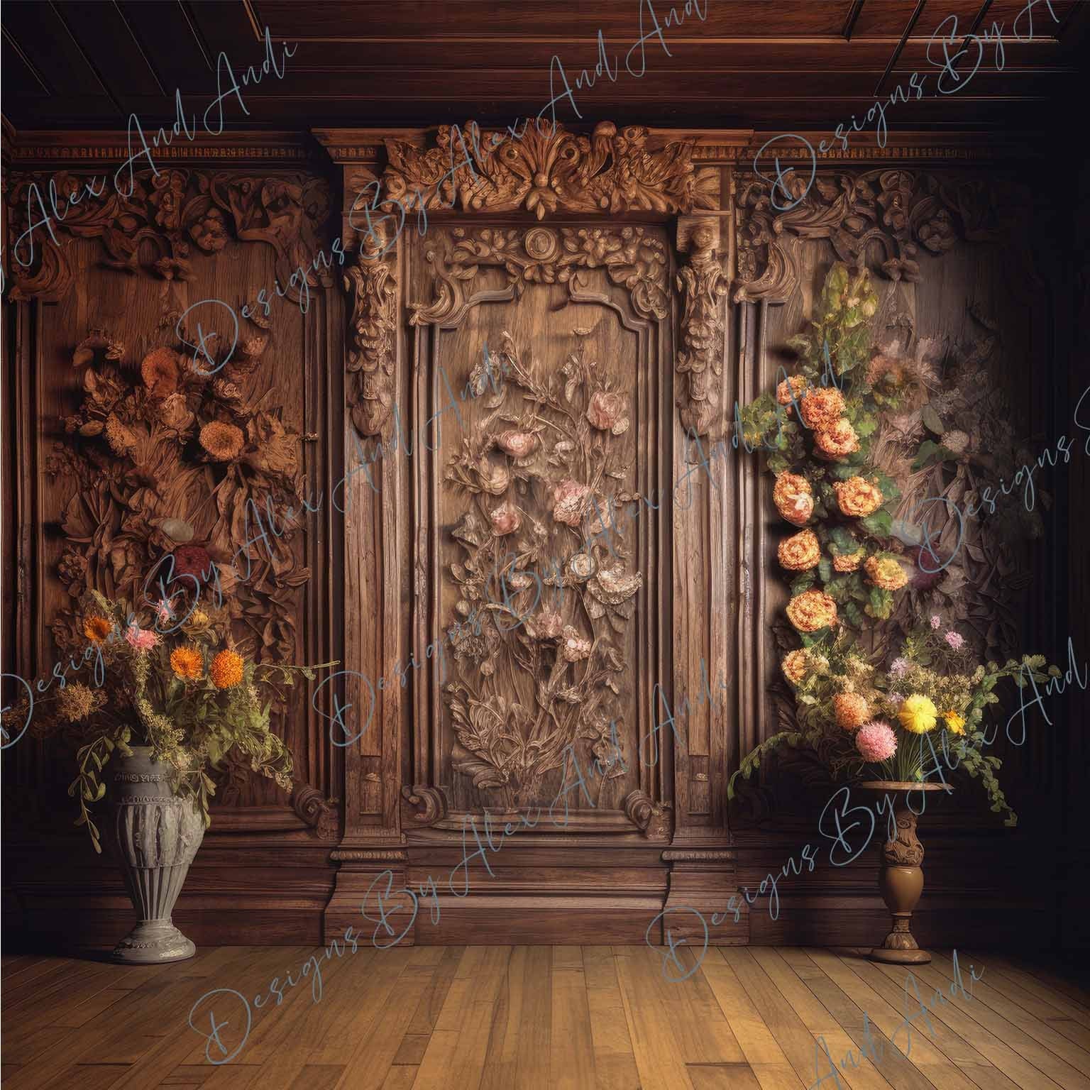 Carved Wooden Floral Room Backdrop Background Wedding Digital Photo ...