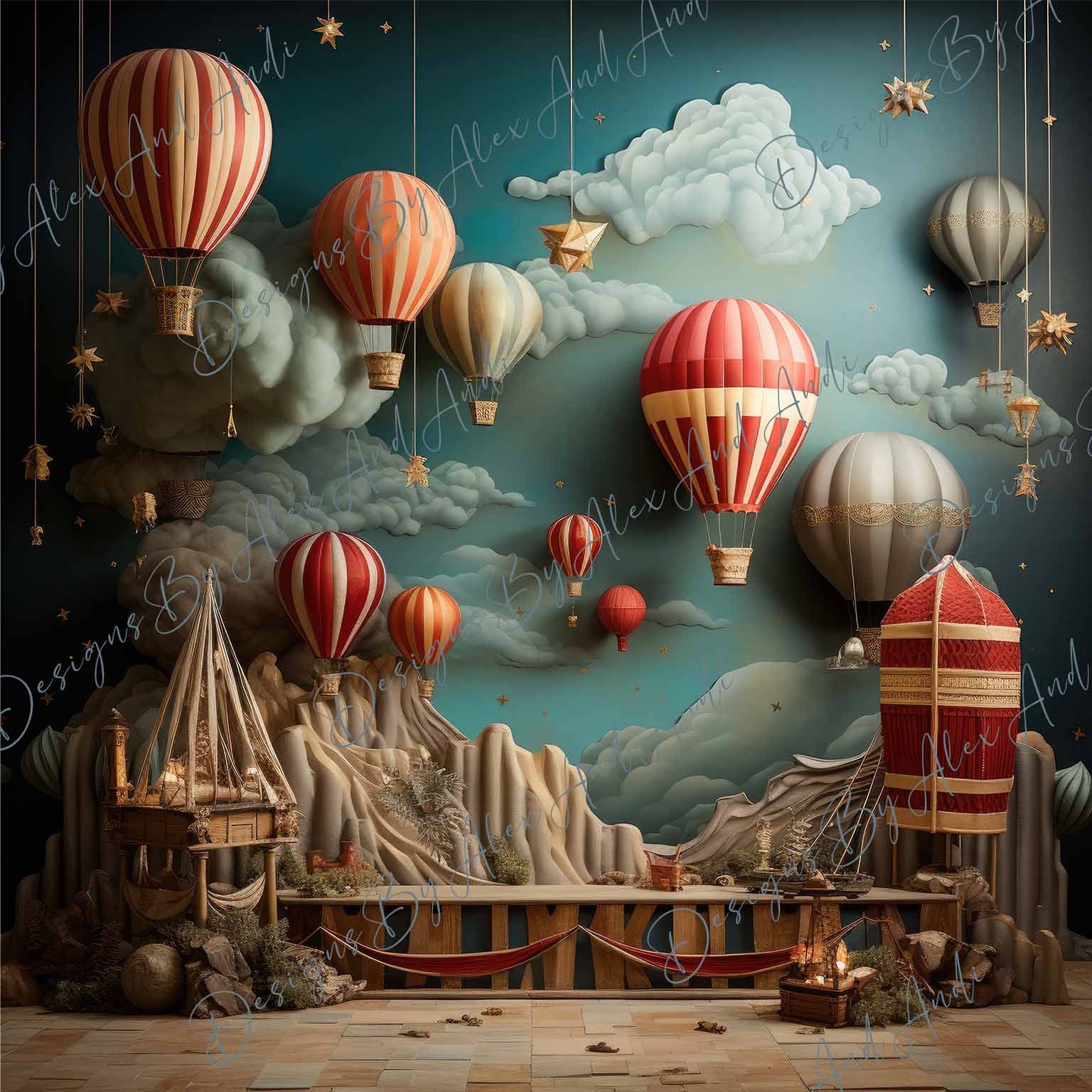 Air Balloon Prop Digital Backdrop Overlay Background Birthday Home ...