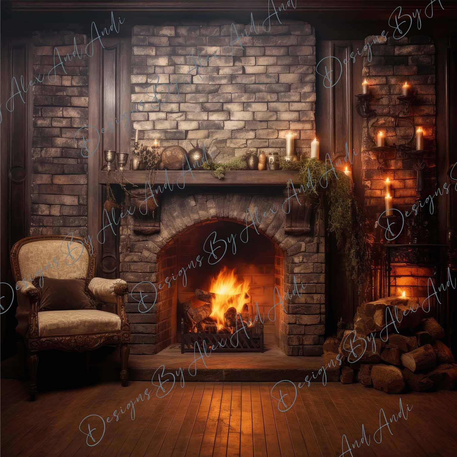 Fireplace Digital Backdrop Overlay Background Holiday Wedding Event ...