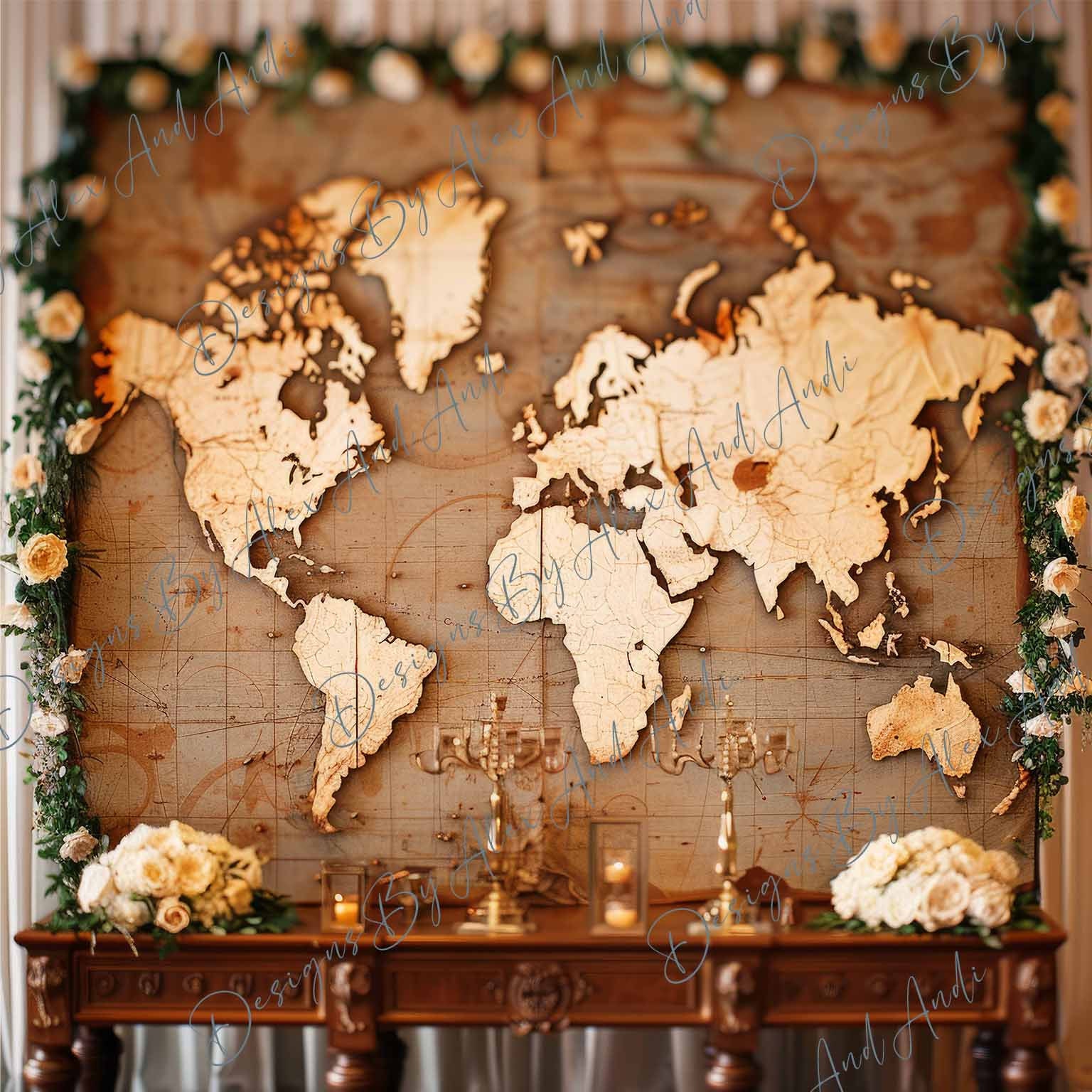 Golden World Map Wedding Digital Overlay Backdrop Background Birthday ...