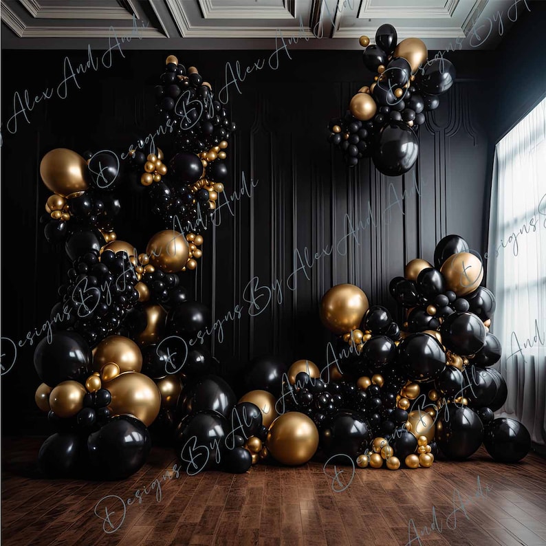 Balloon Black Gold Backdrop Background Digital Photo Shoot Studio ...