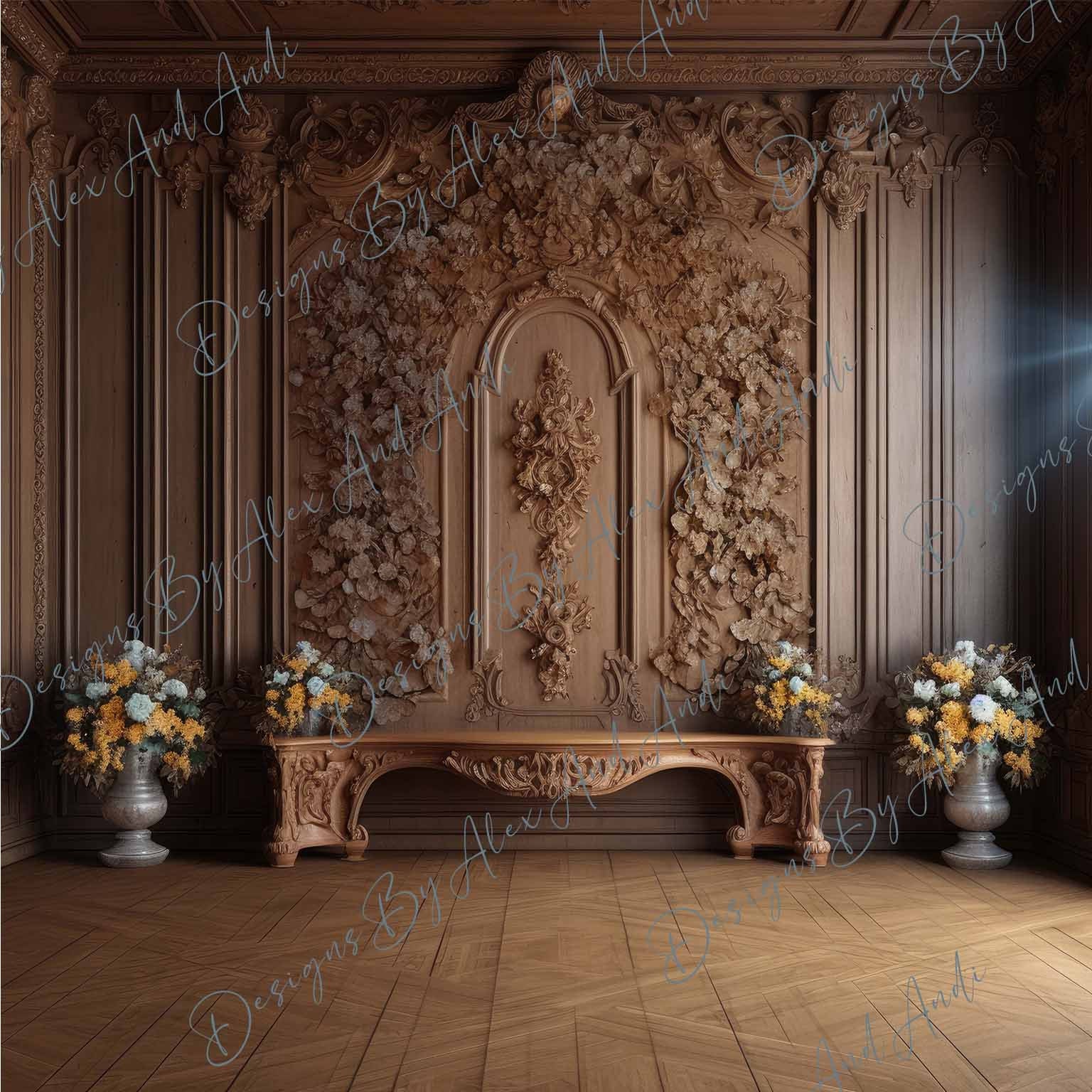 Carved Wooden Floral Room Backdrop Background Wedding Digital Photo ...
