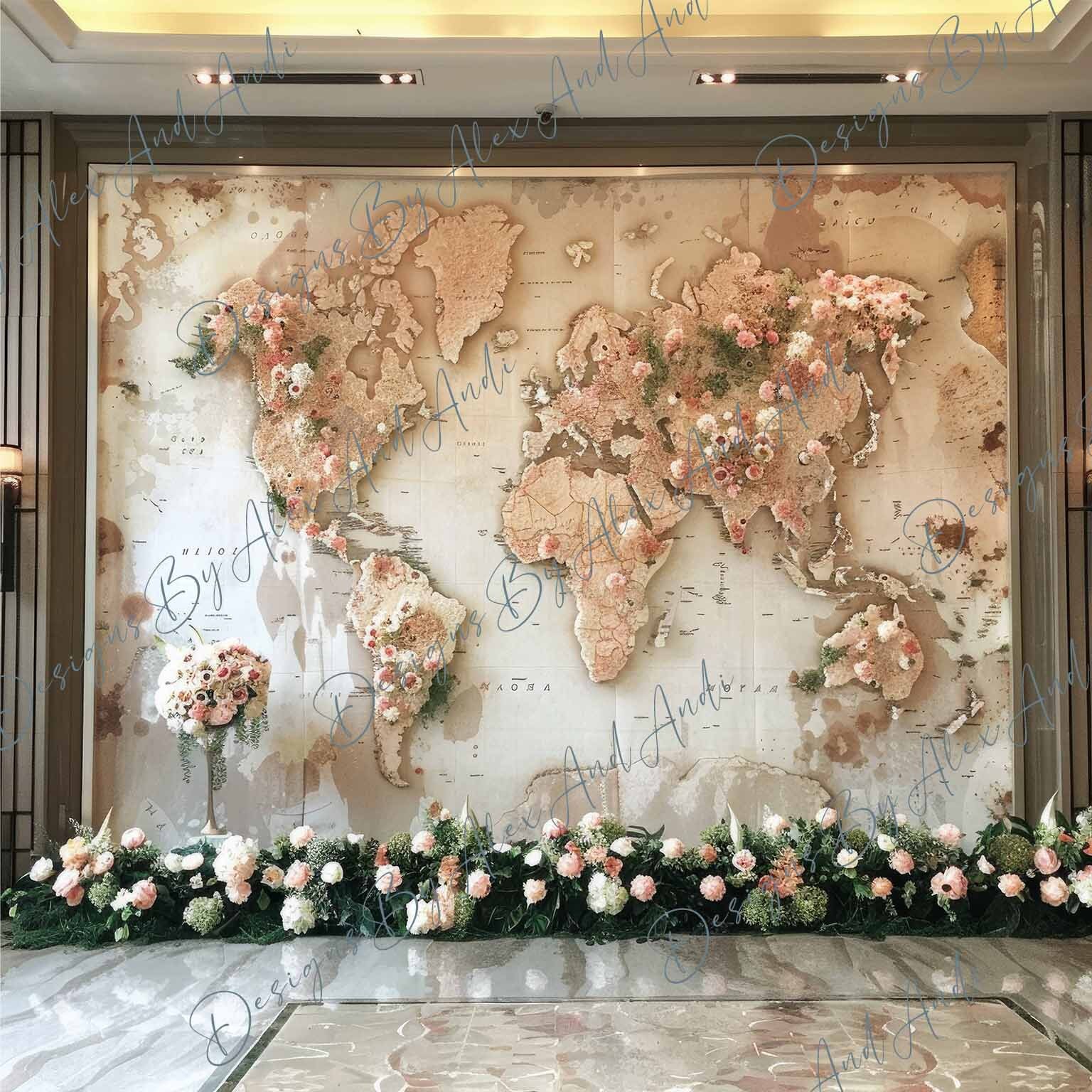 World Map Floral Digital Background Backdrop Wedding Overlay Sweet 16 ...