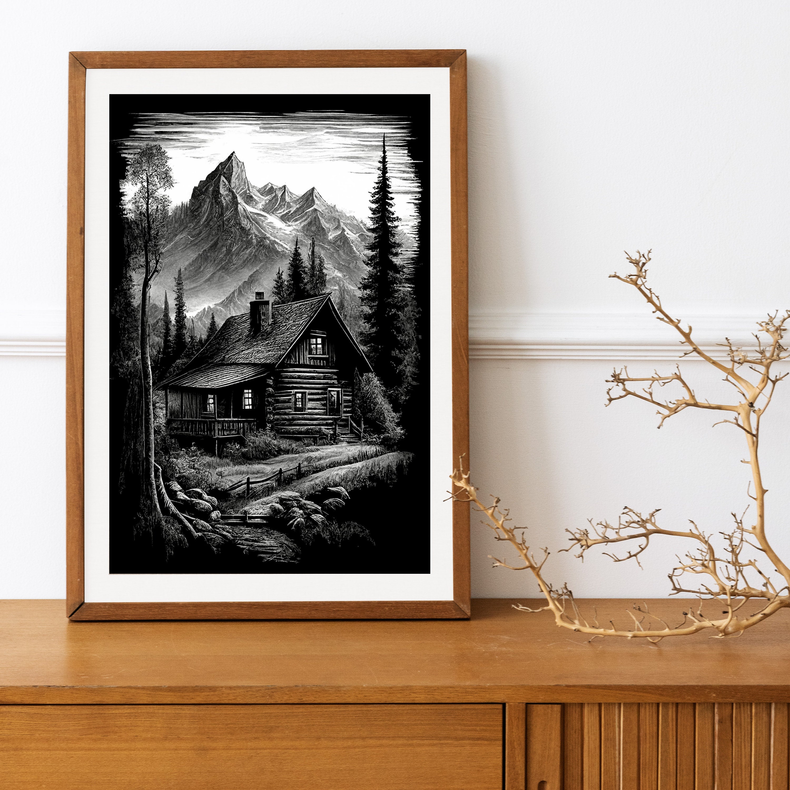 Black and White Rustic Mountain Cabin Print Rustic Cabin in the ...
