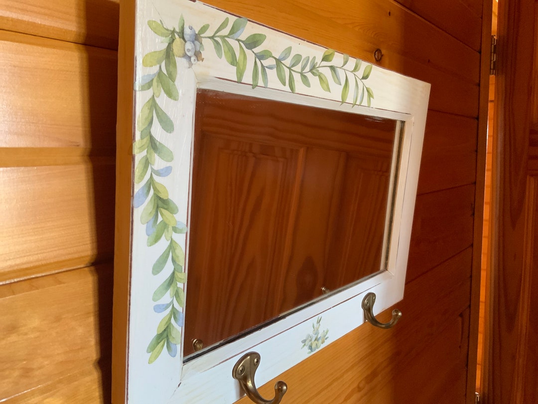 Cottage Style Mirror With Brass Hooks, Decorated With Vines, Farmhouse ...