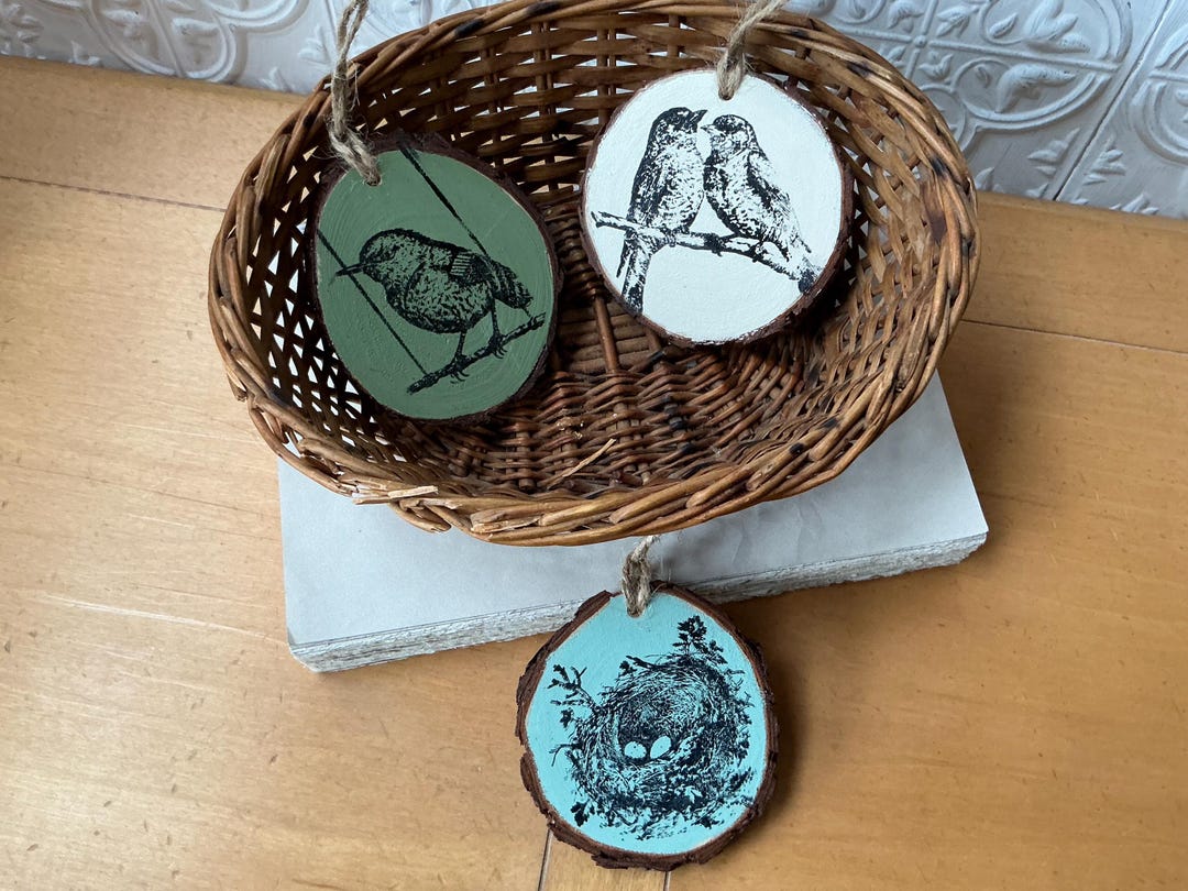 Bird Themed Live Edge Wood Slice Ornament Set of 3 Assorted, Handmade ...