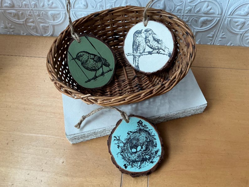 Bird Themed Live Edge Wood Slice Ornament Set of 3 Assorted, Handmade ...