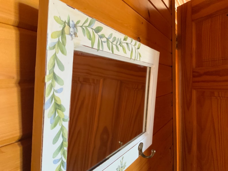 Cottage Style Mirror With Brass Hooks, Decorated With Vines, Farmhouse ...