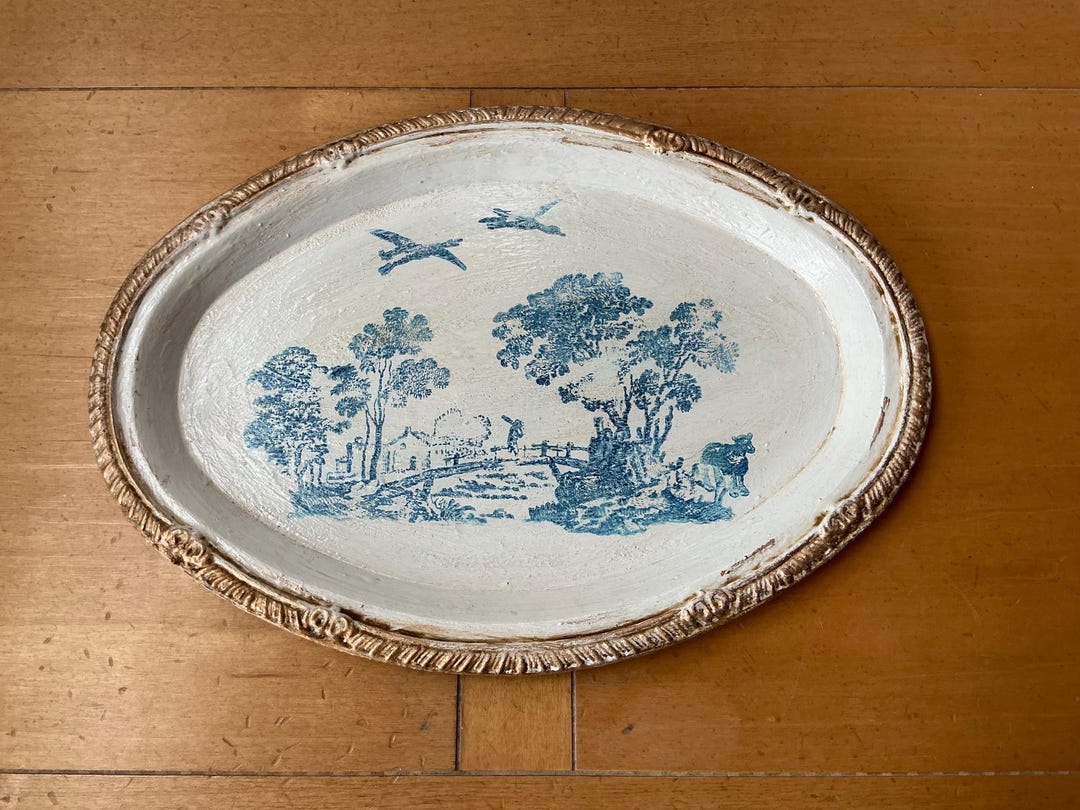 Blue Toile Hand Painted Decorative Tray, Trinket Tray, French Country ...