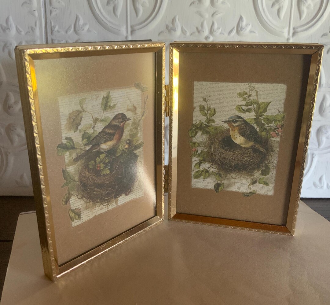 Framed Woodland Birds in Nests, Bi-fold Gold Frame, Home Decor. Cottage ...