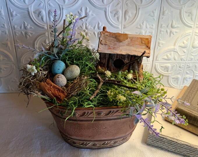 Birds Nest With Eggs and Bird House, Spring Decor, Cottage, Farmhouse ...