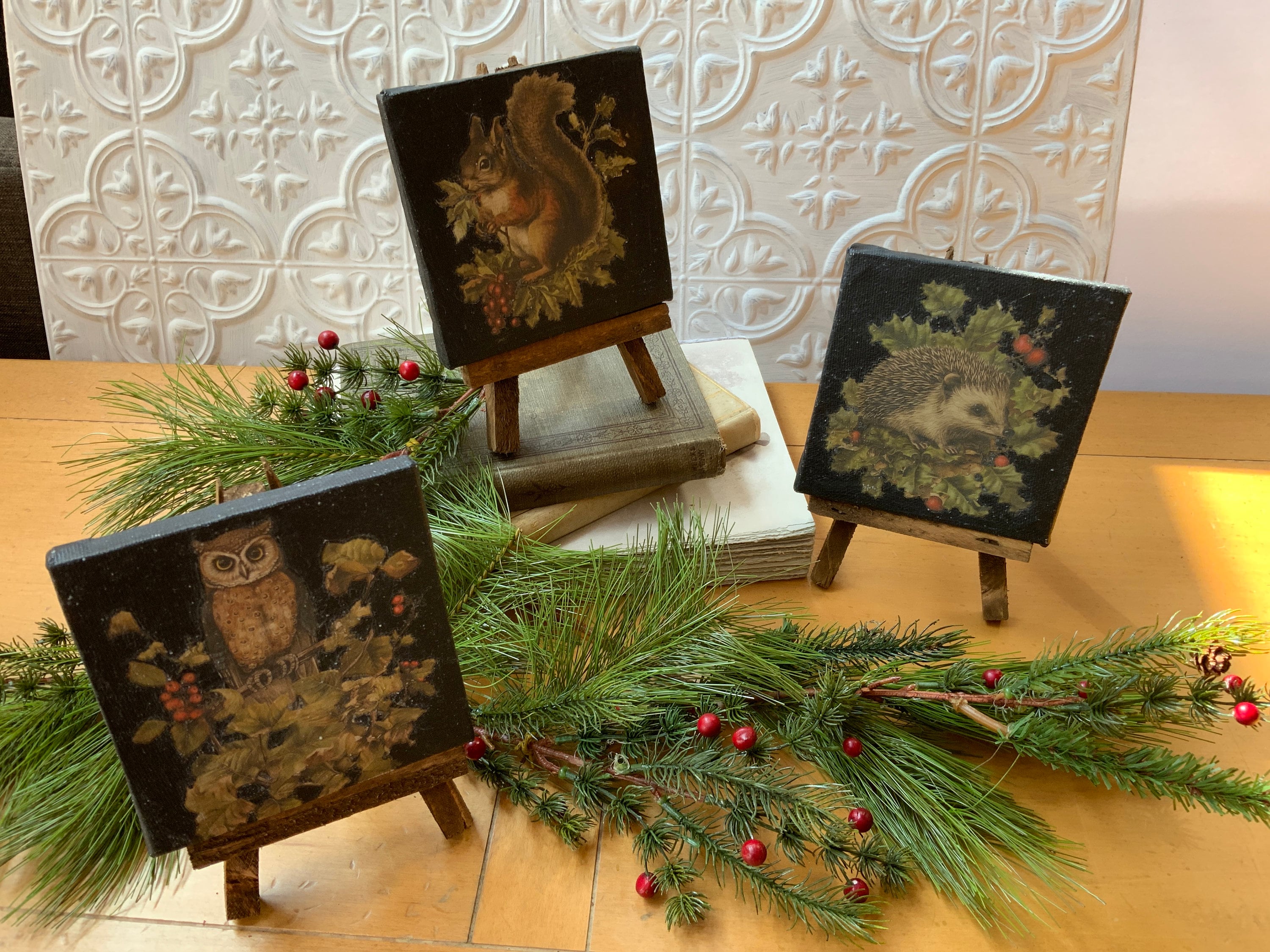 Woodland Animals Mini Canvas Artwork With Antiqued Wood Easel. Owl ...