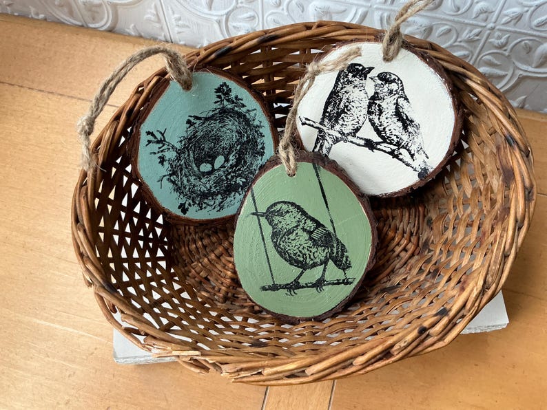 Bird Themed Live Edge Wood Slice Ornament Set of 3 Assorted, Handmade ...