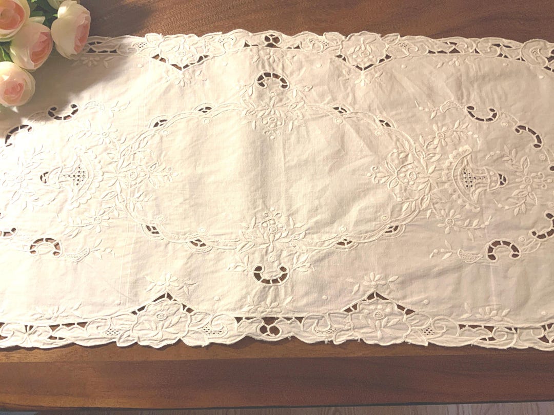 Vintage Linen Table Runner Cut Work Embroidered Dresser Scarf ...