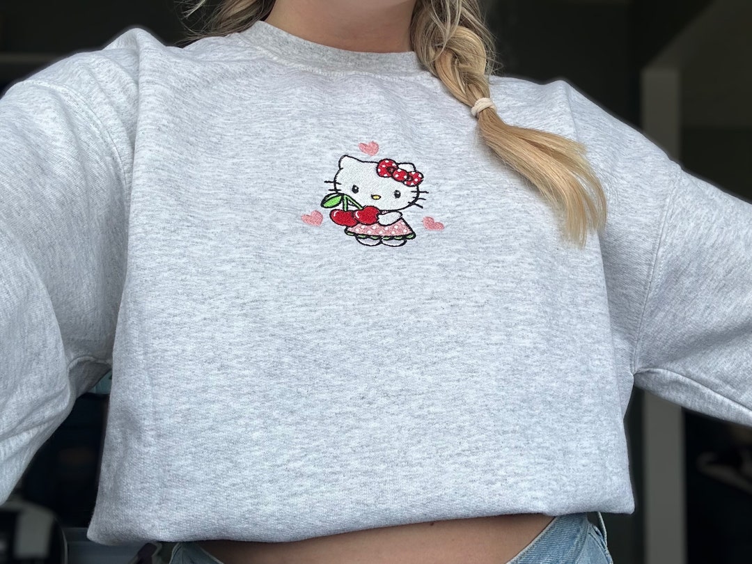 Embroidered Cherry Kitty Crewneck | Kawaii Heart Fruit Sweatshirt ...