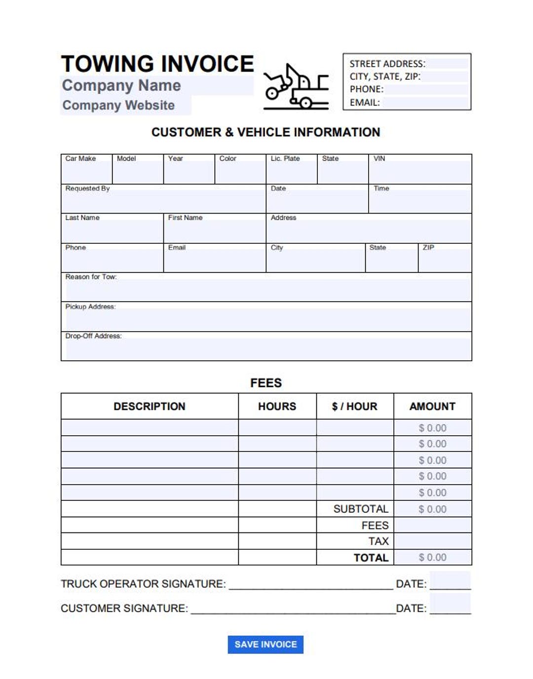 Towing Invoice, Tow Truck Service Invoice, Wrecker Service Invoice ...
