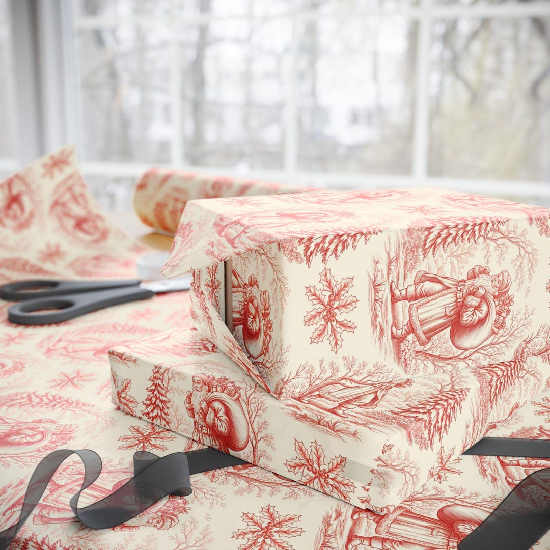 Vintage Santa Toile Christmas Wrapping Paper – Classic Red Toile ...
