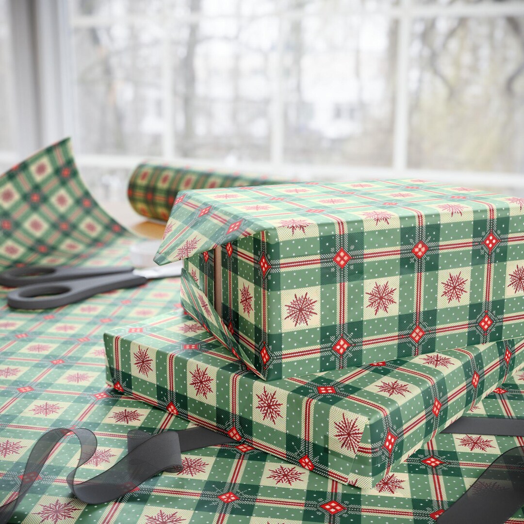 Vintage Green Plaid Christmas Wrapping Paper – Retro Snowflake Gift ...