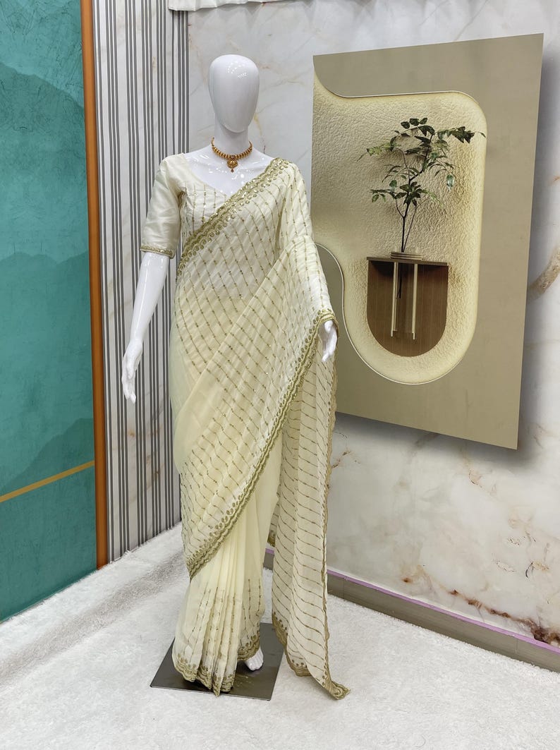 Trending off White Saree for Women Sequence Sari Ready to Wear Indian ...