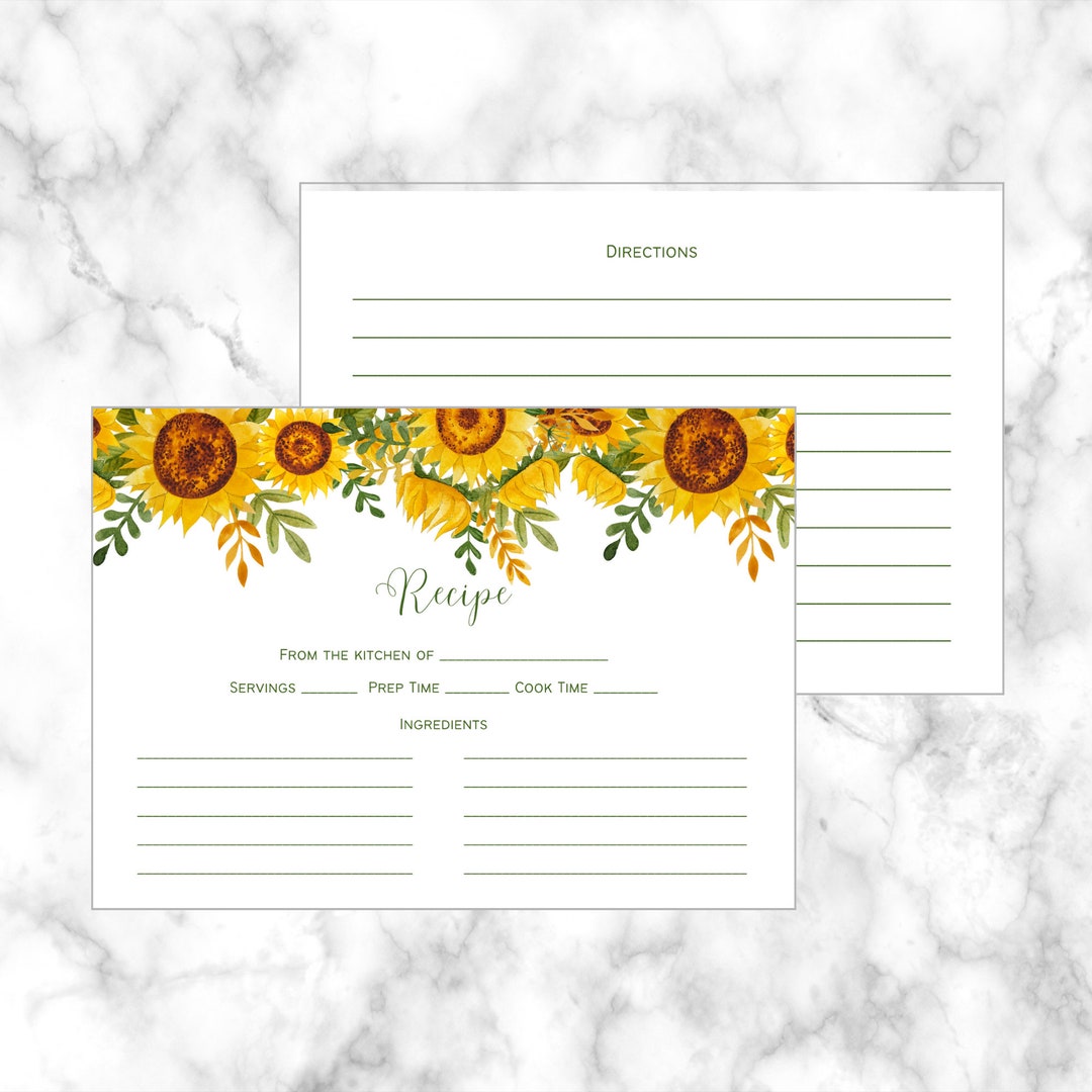 4x6 Printable Sunflower Recipe Cards - Etsy