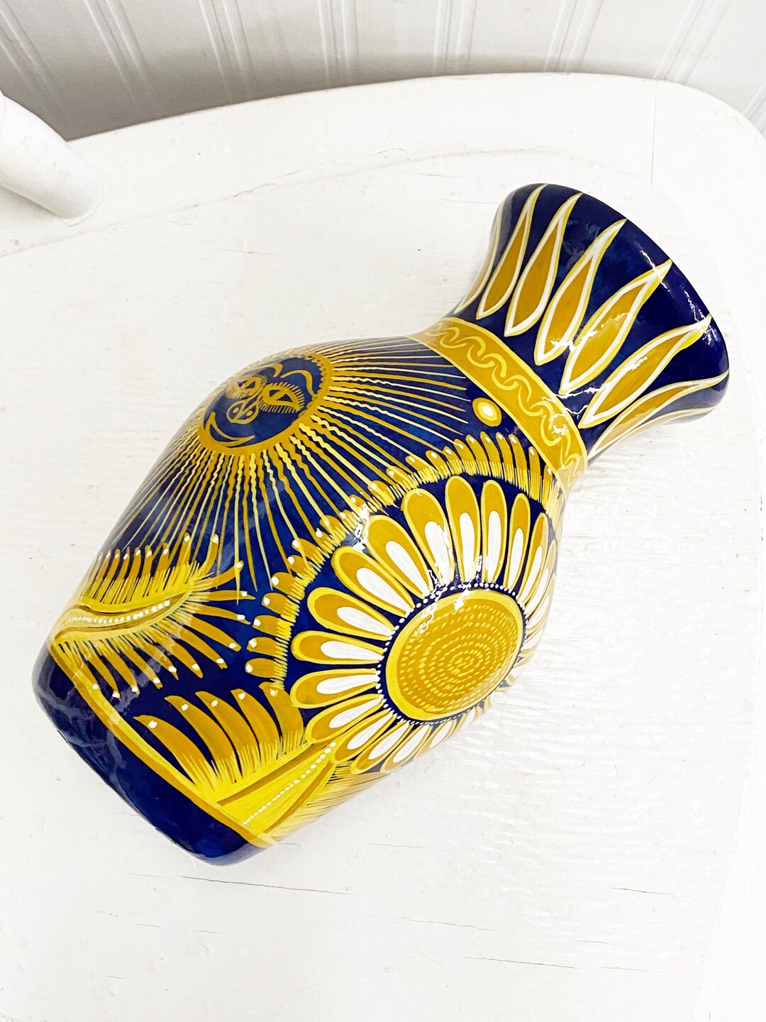 Vintage Mexican Folk Art Colorful Hand Painted Vase Pottery Sun Blue ...