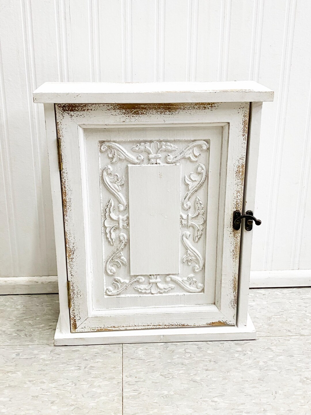 Beautiful Small Wooden Key Holder Cabinet Box With Distressed White ...