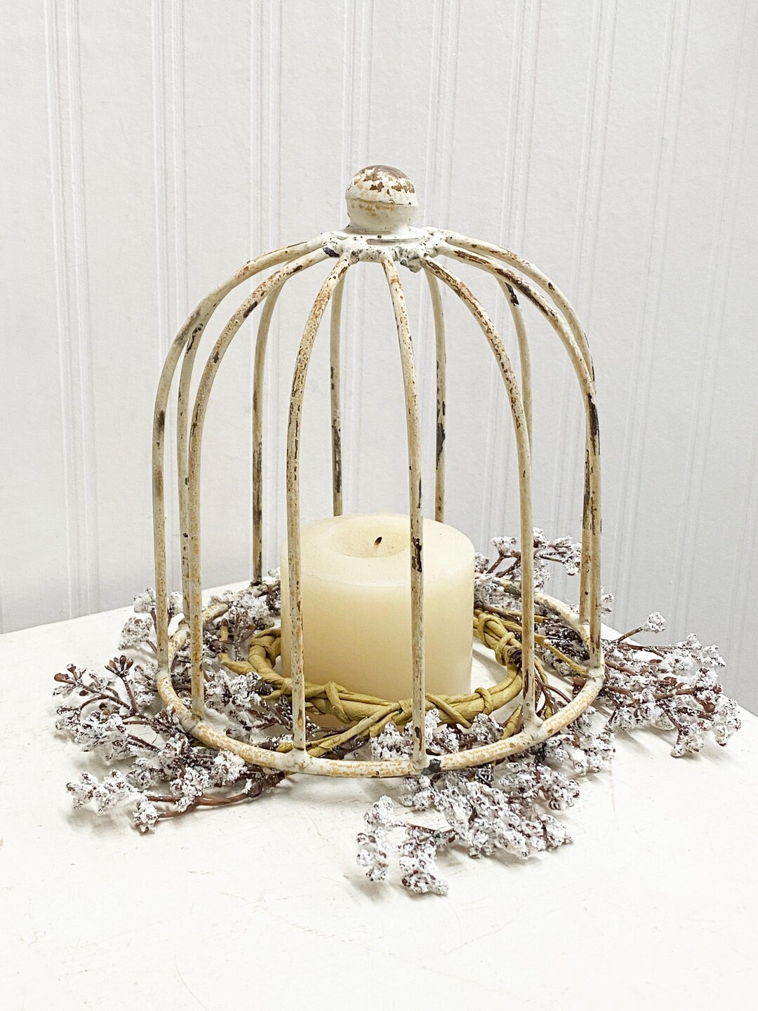 Farmhouse Distressed Metal Dome Cage With Wreath Candle Holder Rustic ...