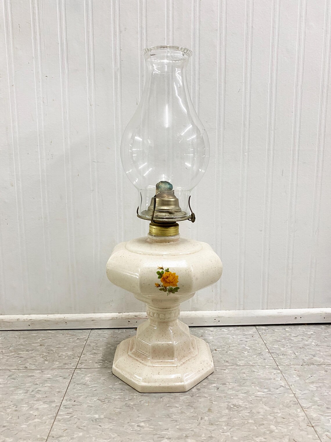 Vintage Ceramic Oil Lamp With Floral Pattern and Rounded Glass - Etsy