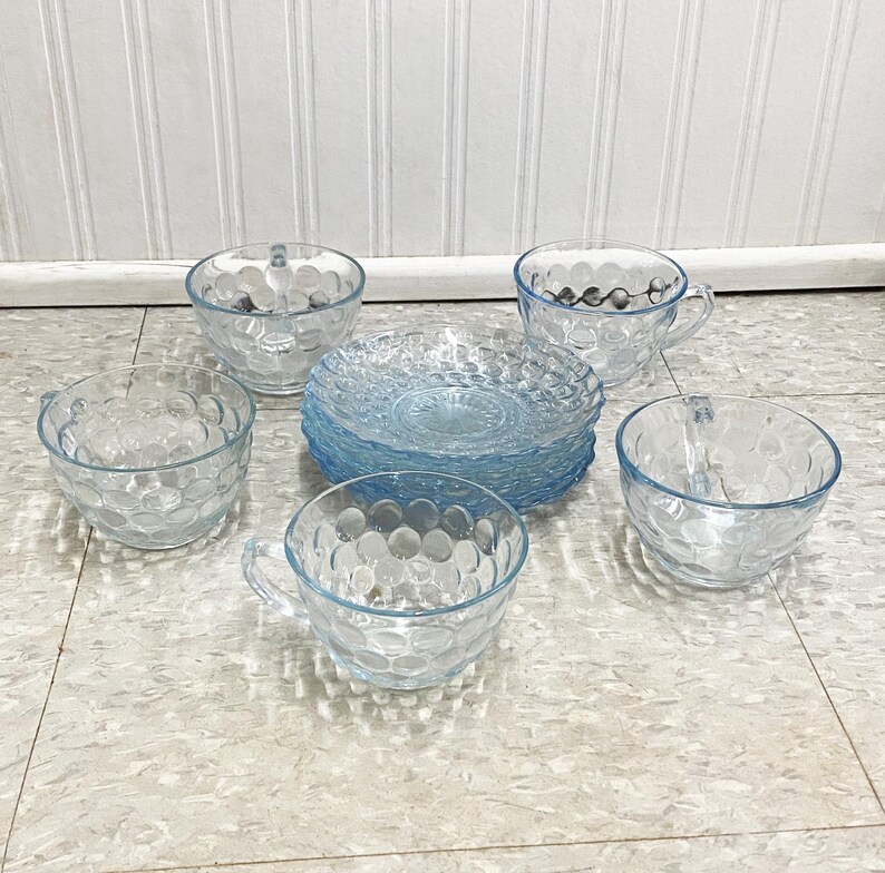 Vintage Blue Bubble Depression Glass Cups and Saucers, Set of 5 - Etsy