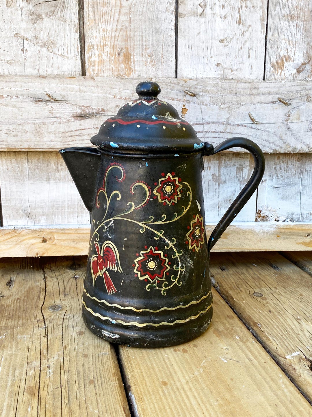 Antique Hand Painted Toleware Coffee Pot, Primitive Folk Art Decor - Etsy
