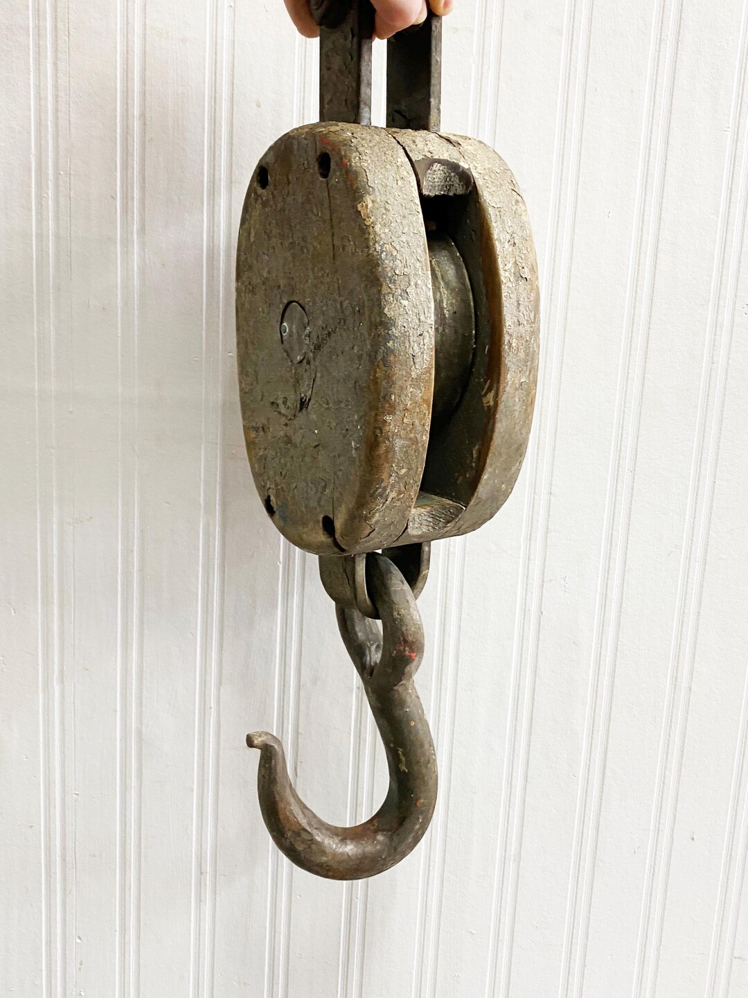 Antique Large Heavy Block and Tackle Pulley Wood and Metal Ship Pulley ...