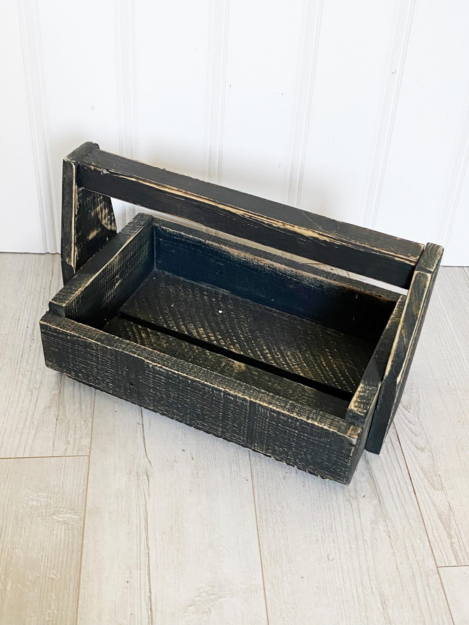 Vintage Black Wooden Caddy Tray With Handle Distressed Finish Rustic ...