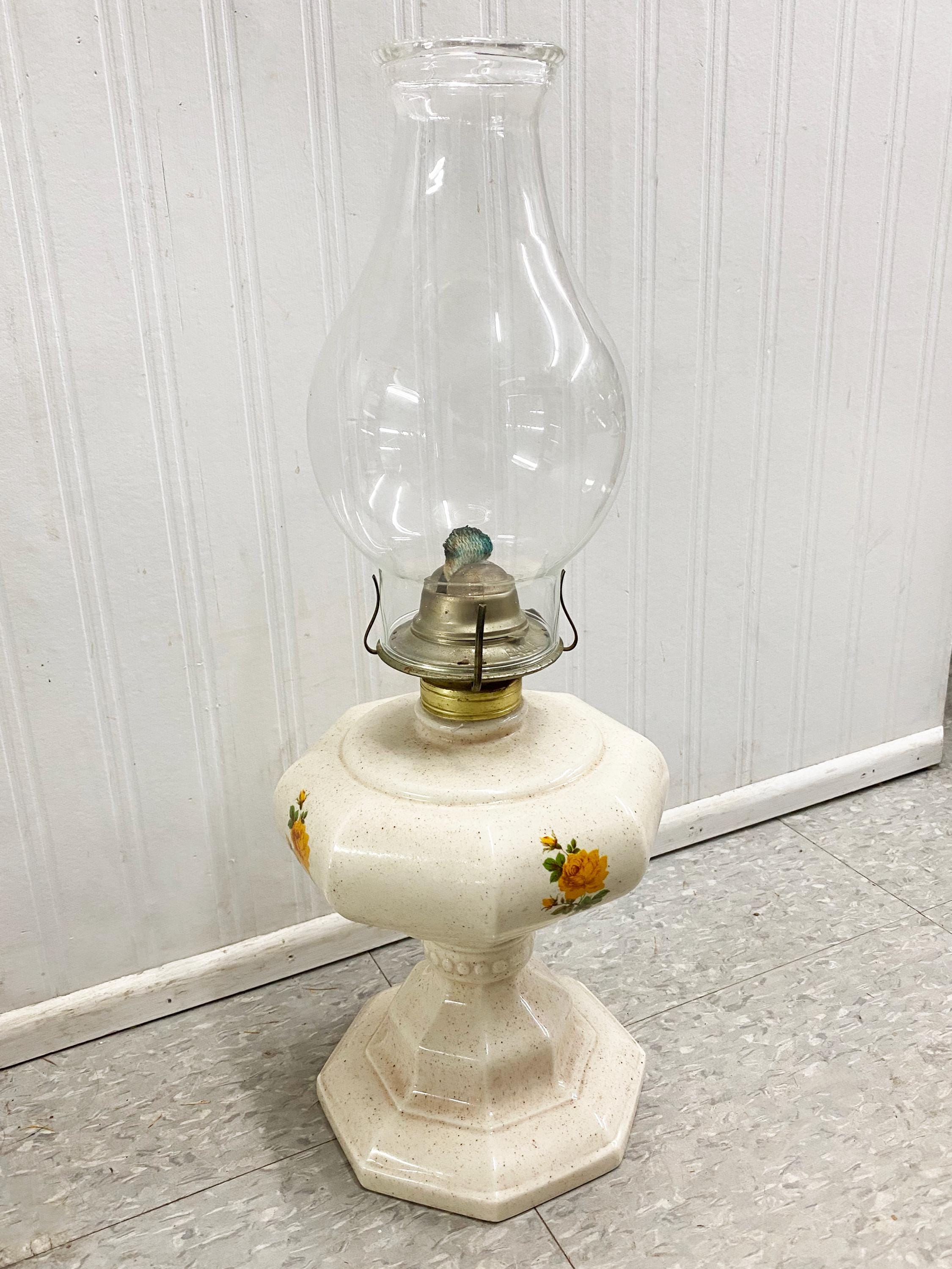 Vintage Ceramic Oil Lamp With Floral Pattern and Rounded Glass - Etsy